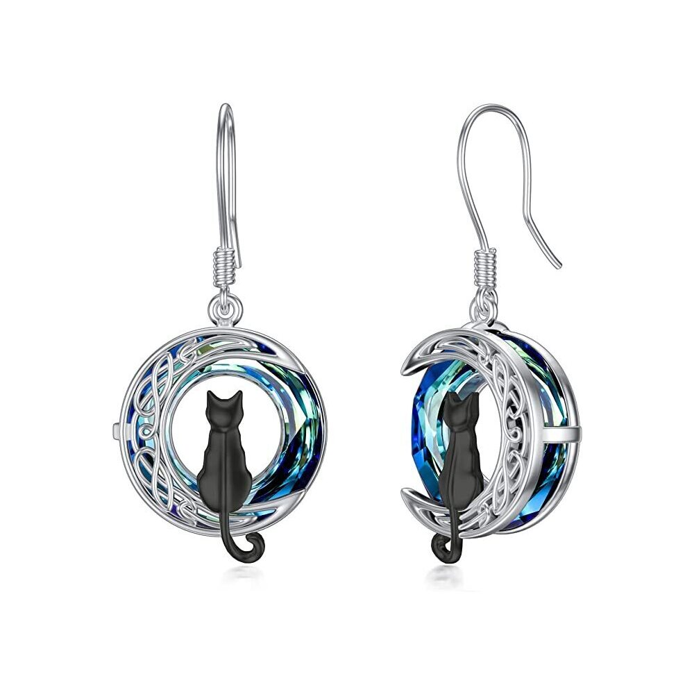 Black & Blue Crystal Cat Moon Earrings Sterling Silver - CatGlamour.com