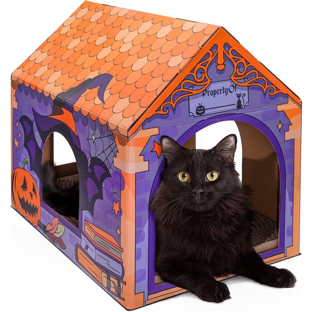 Cardboard Halloween Cat House With Scratch Pad And Catnip - CatGlamour.com