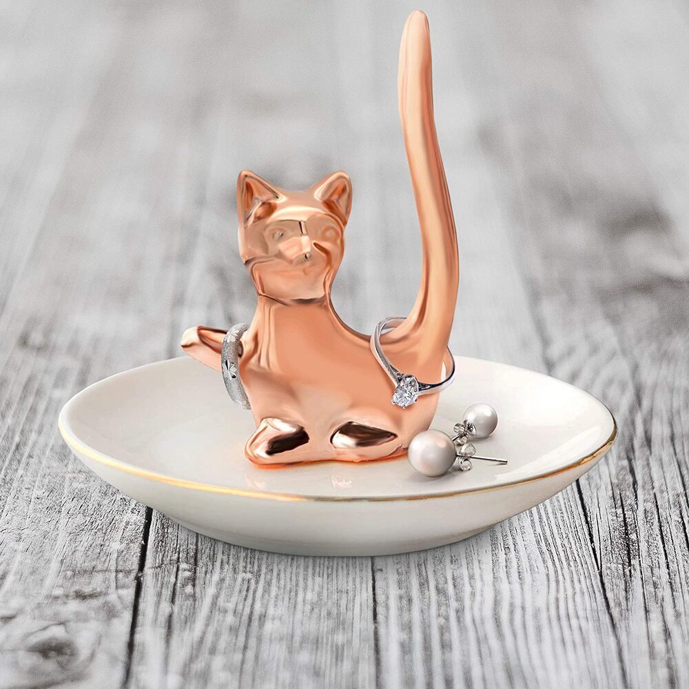 Ceramic Rose Gold Cat Ring Holder - CatGlamour.com