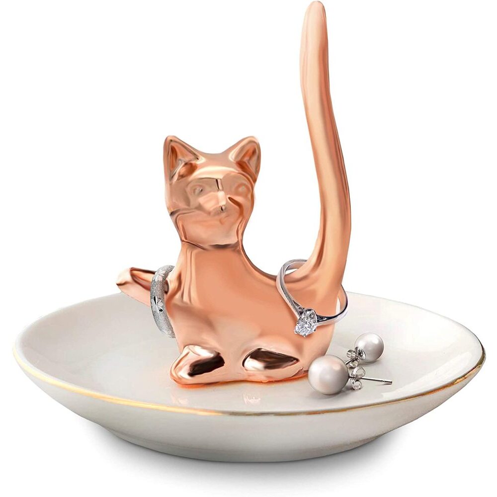 Ceramic Rose Gold Cat Ring Holder - CatGlamour.com