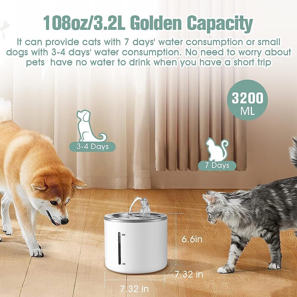 Ultra-Quiet, Spacious 108oz/3.2L Stainless Steel Cat Water Fountain ...
