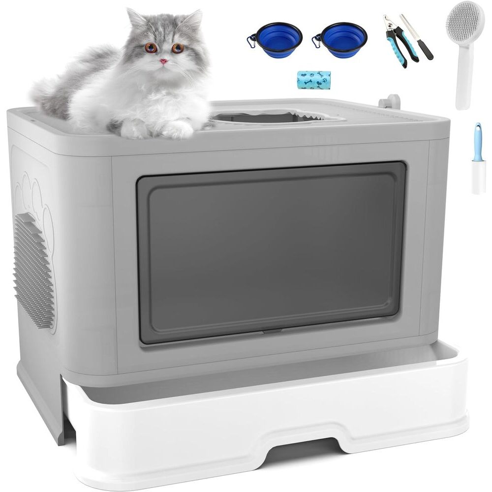 Deluxe Foldable Cat Litter Box Set: Enhanced with Lid, Mat, and Scoop ...