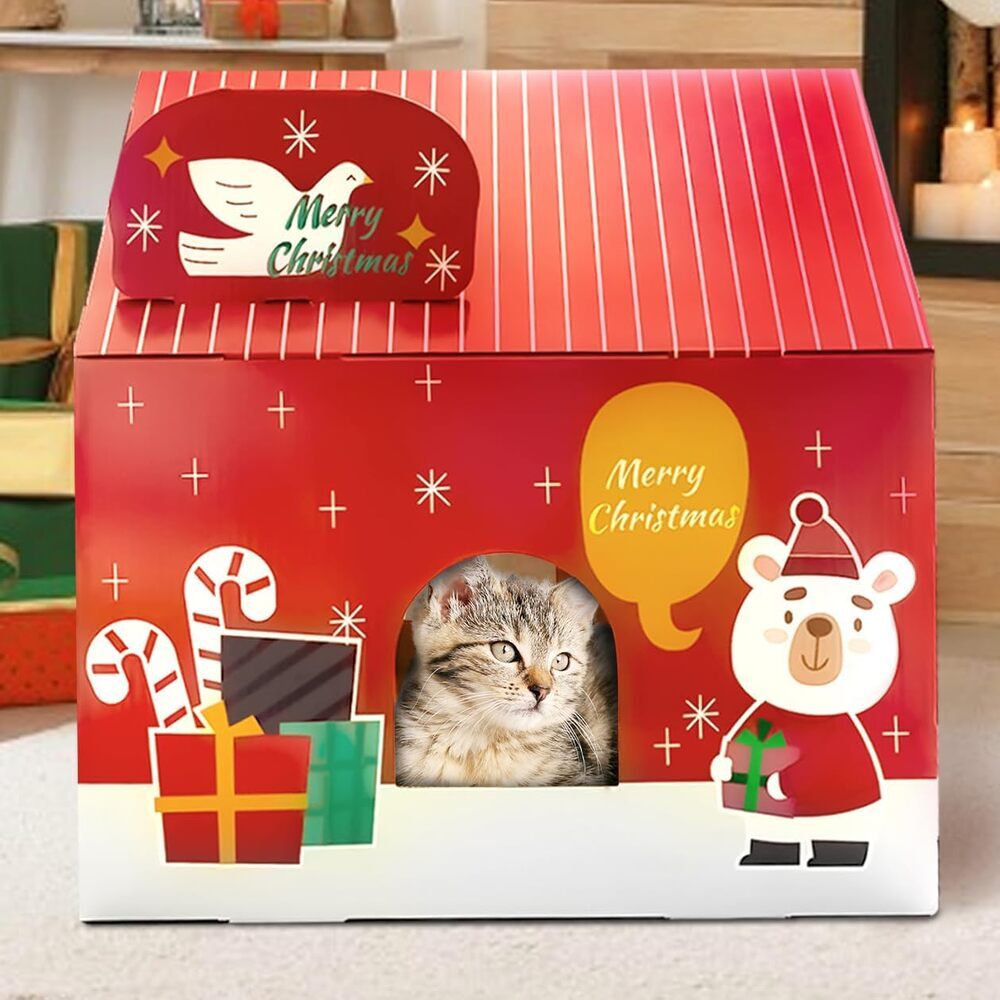 Cozy Christmas Cat House with Scratch Pad & Catnip - CatGlamour.com