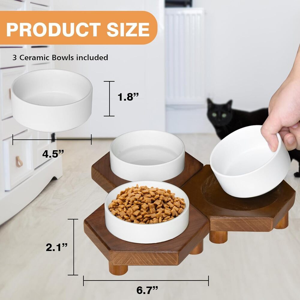 Elevated Ceramic Bowls with Wood Stand for Optimal Comfort & Anti-Slip ...