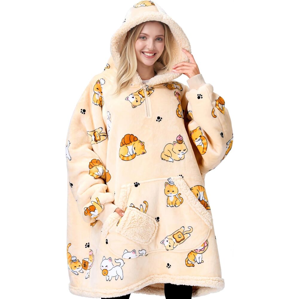 Cozy Cat Oversized Wearable Blanket Hoodie with Giant Pocket & Sleeves ...