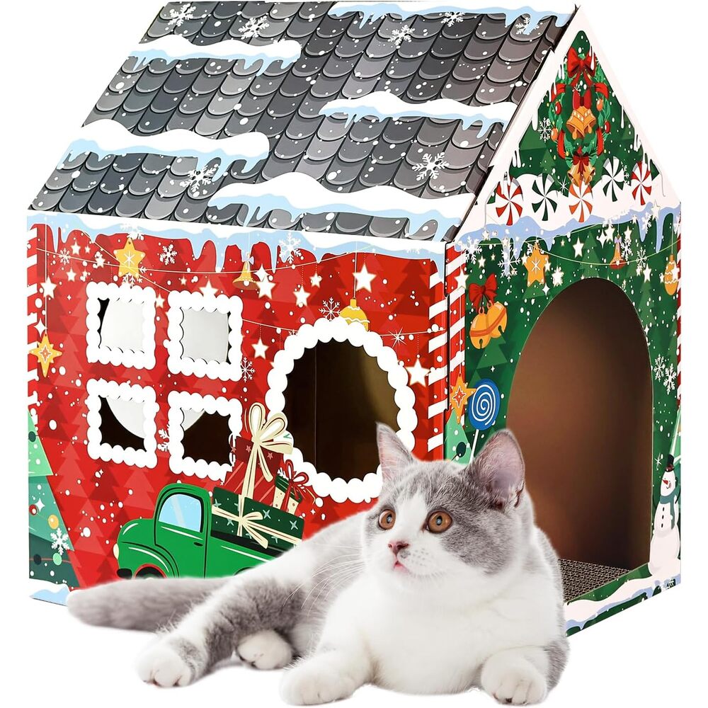 Christmas Cat House & Scratcher, Cozy Holiday Home for Indoor Cats ...