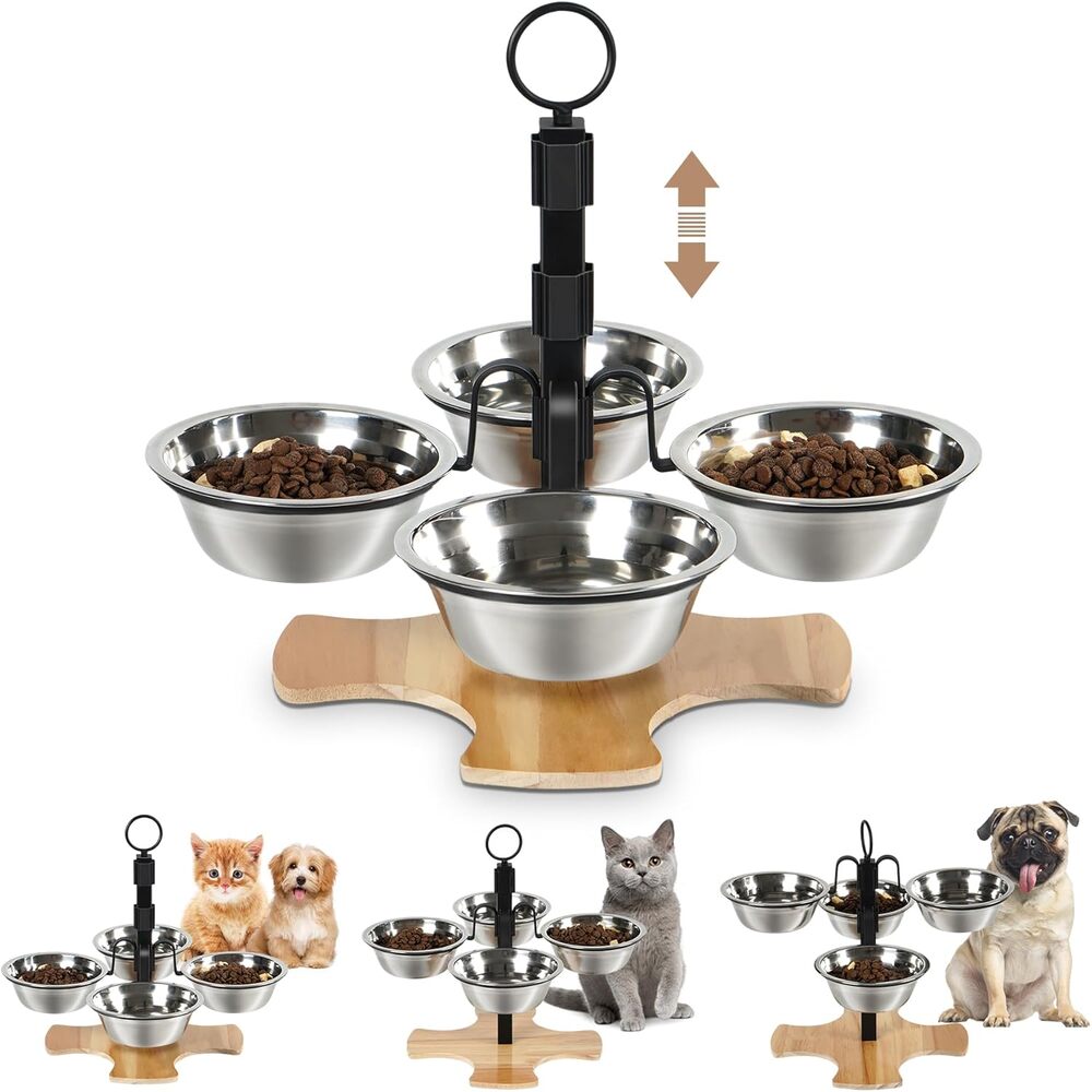 Adjustable Elevated Cat Bowls – 3 Heights, 5 Stainless Steel Bowls ...